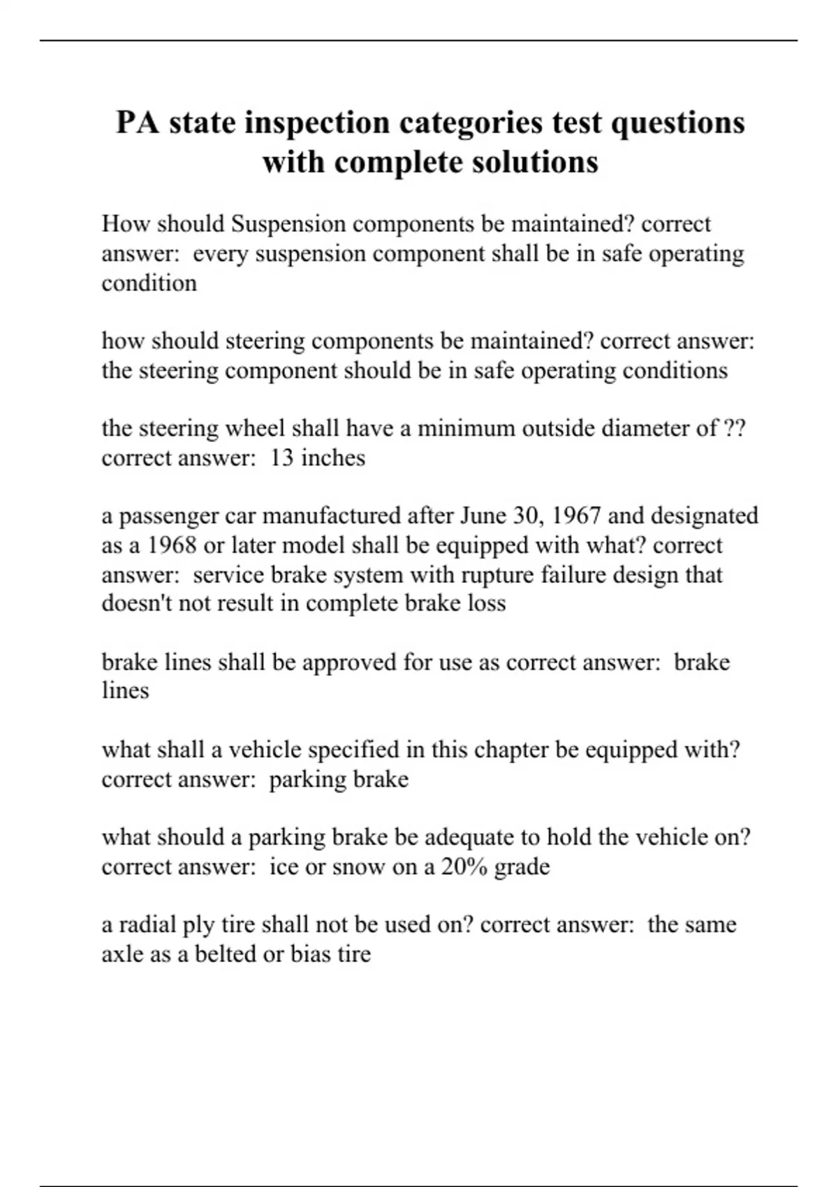 PA state inspection categories test questions with complete solutions ...
