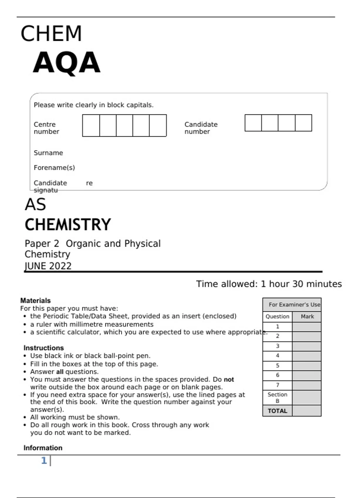AQA AS CHEMISTRY Paper 2 JUNE 2022 QUESTION PAPER- Organic and Physical ...