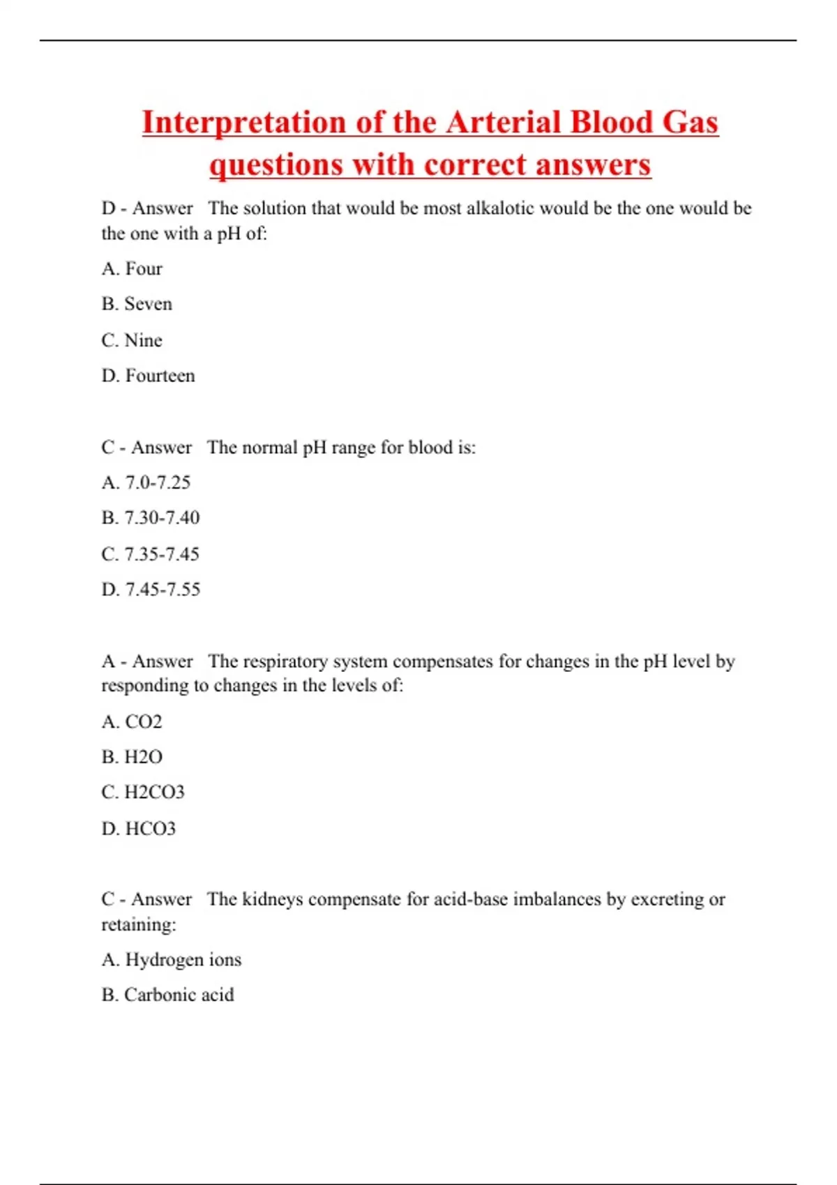 Interpretation of the Arterial Blood Gas questions with correct answers ...