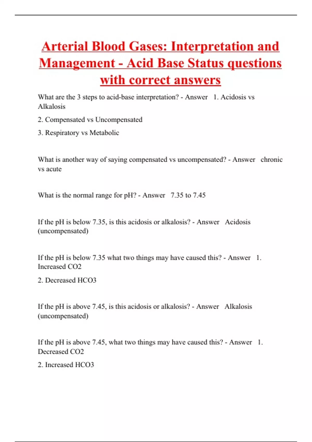 Arterial Blood Gases: Interpretation and Management - Acid Base Status ...