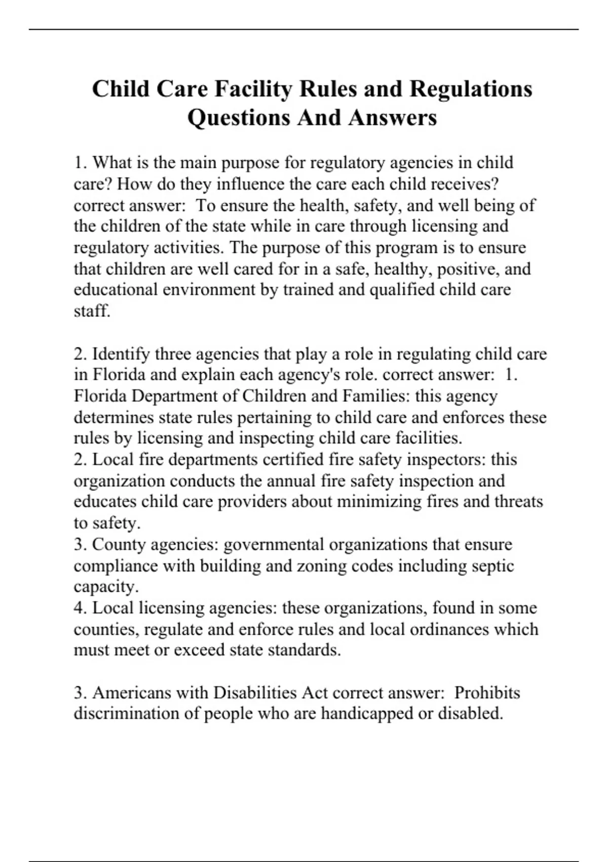 Child Care Facility Rules and Regulations Questions And Answers - Child ...