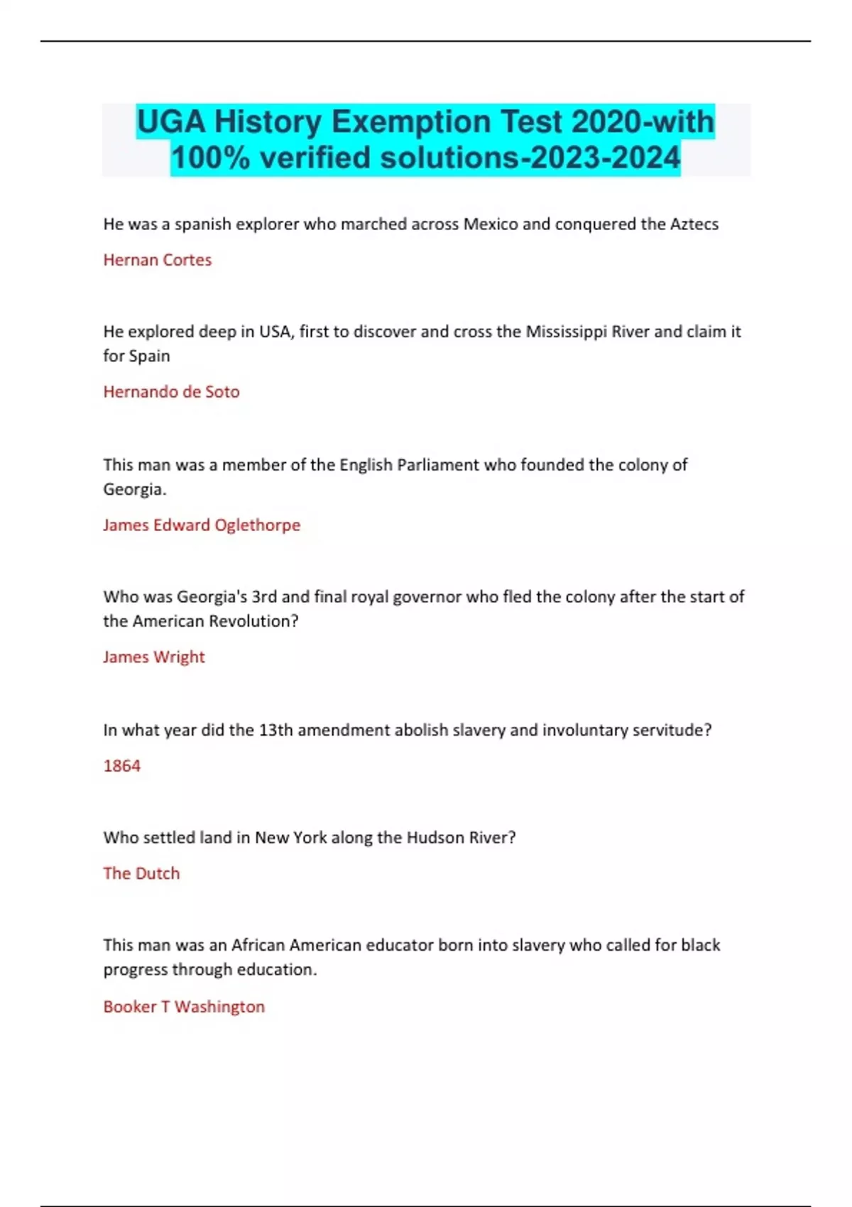 UGA History Exemption Test 2020-with 100% verified solutions- - UGA ...