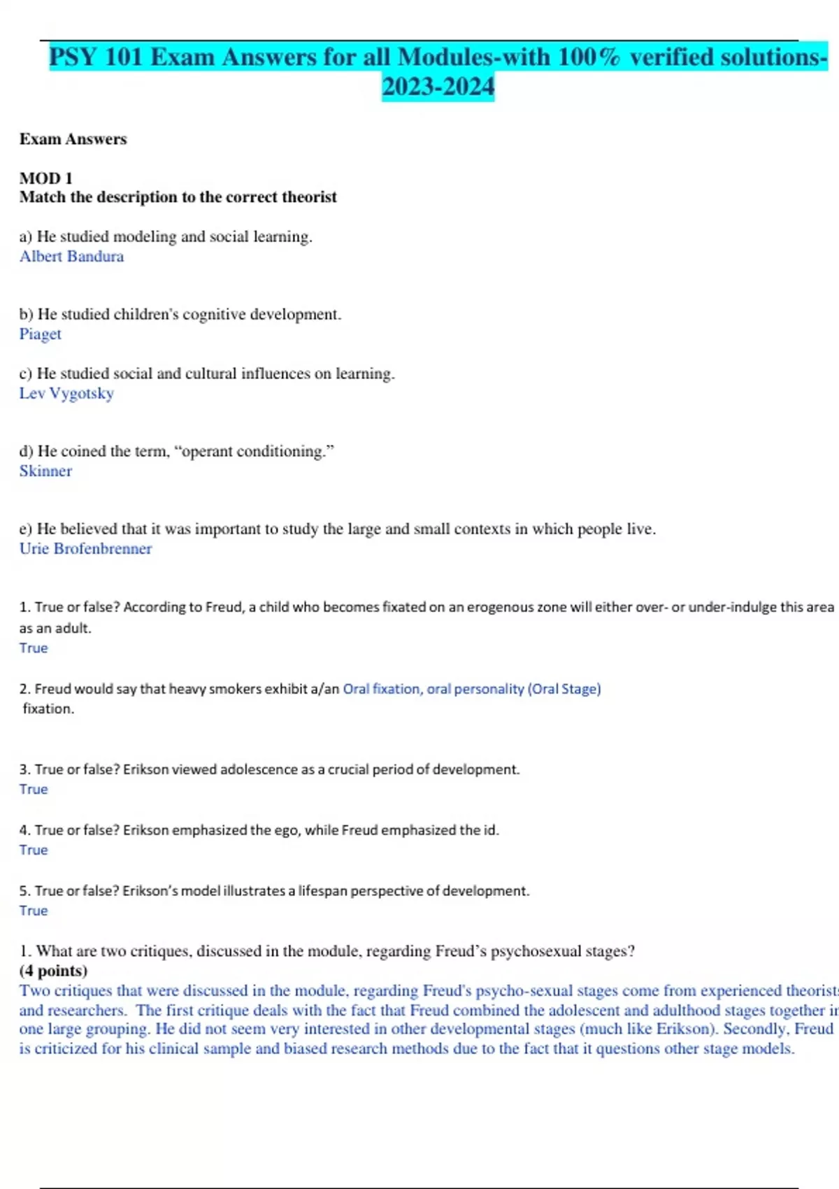 PSY 101 Exam Answers for all Modules-with 100% verified solutions- - PSY 101 All Modules (PSY101 ...