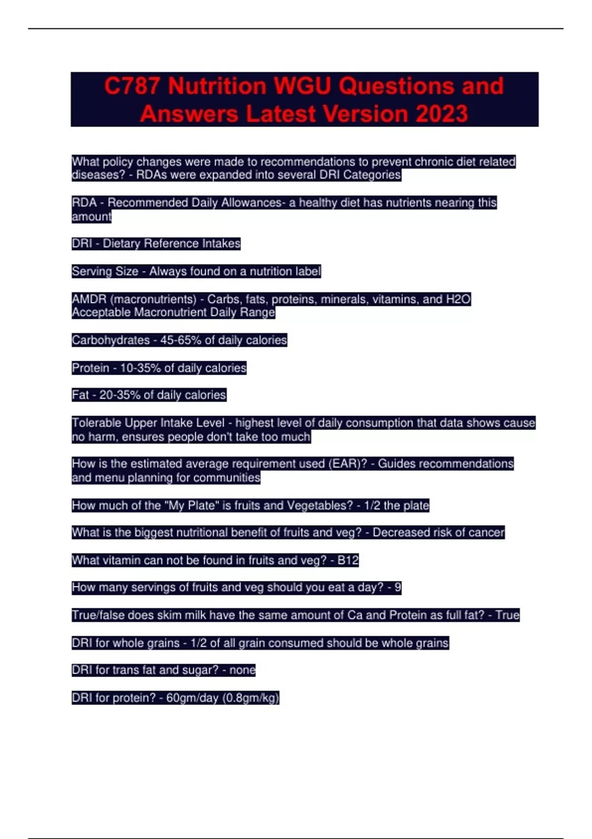 C787 Nutrition WGU Questions and Answers Latest Version 2023 - C787 ...