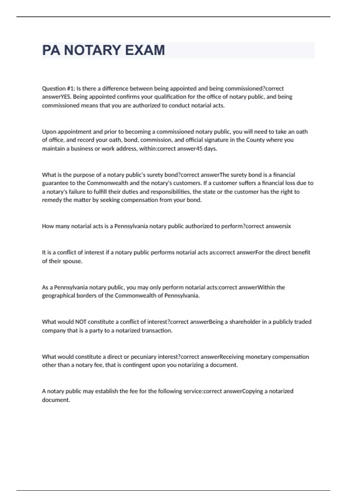 PA NOTARY EXAM 2023 questions with correct answers - PA NOTARY - Stuvia US