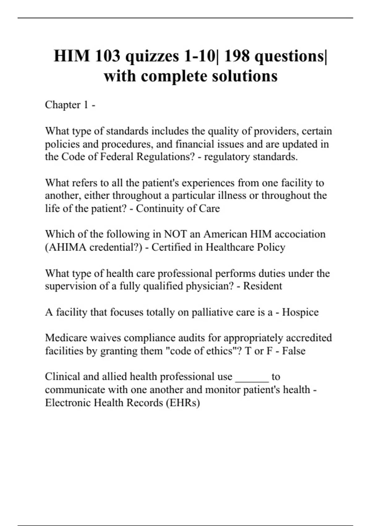 HIM 103 quizzes 1-10| 198 questions| with complete solutions - HIM 103 ...