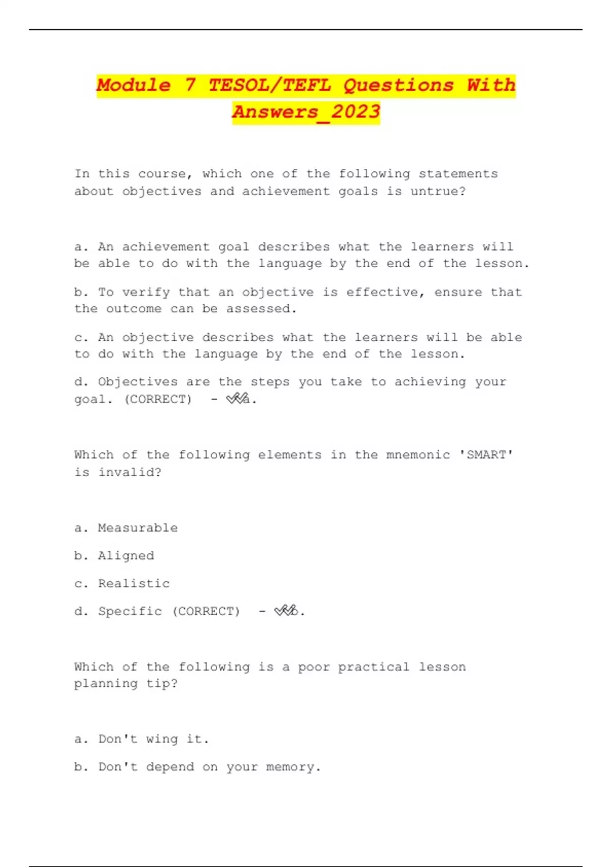 Module 7 TESOL/TEFL Questions With Answers_2023 - Module 7 TESOL ...