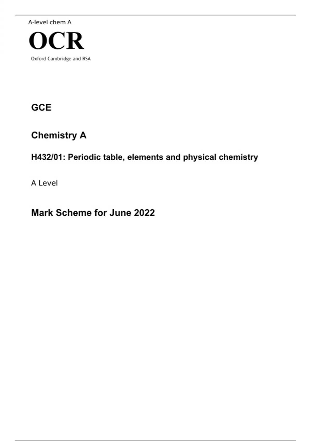 OCR A Level Chemistry A H432/01 JUNE 2025 MARK SCHEME: Periodic table ...