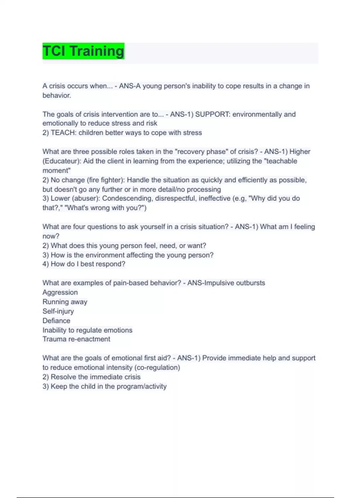 TCI Training A+ solutions 2023 Verified - TCI Training - Stuvia US