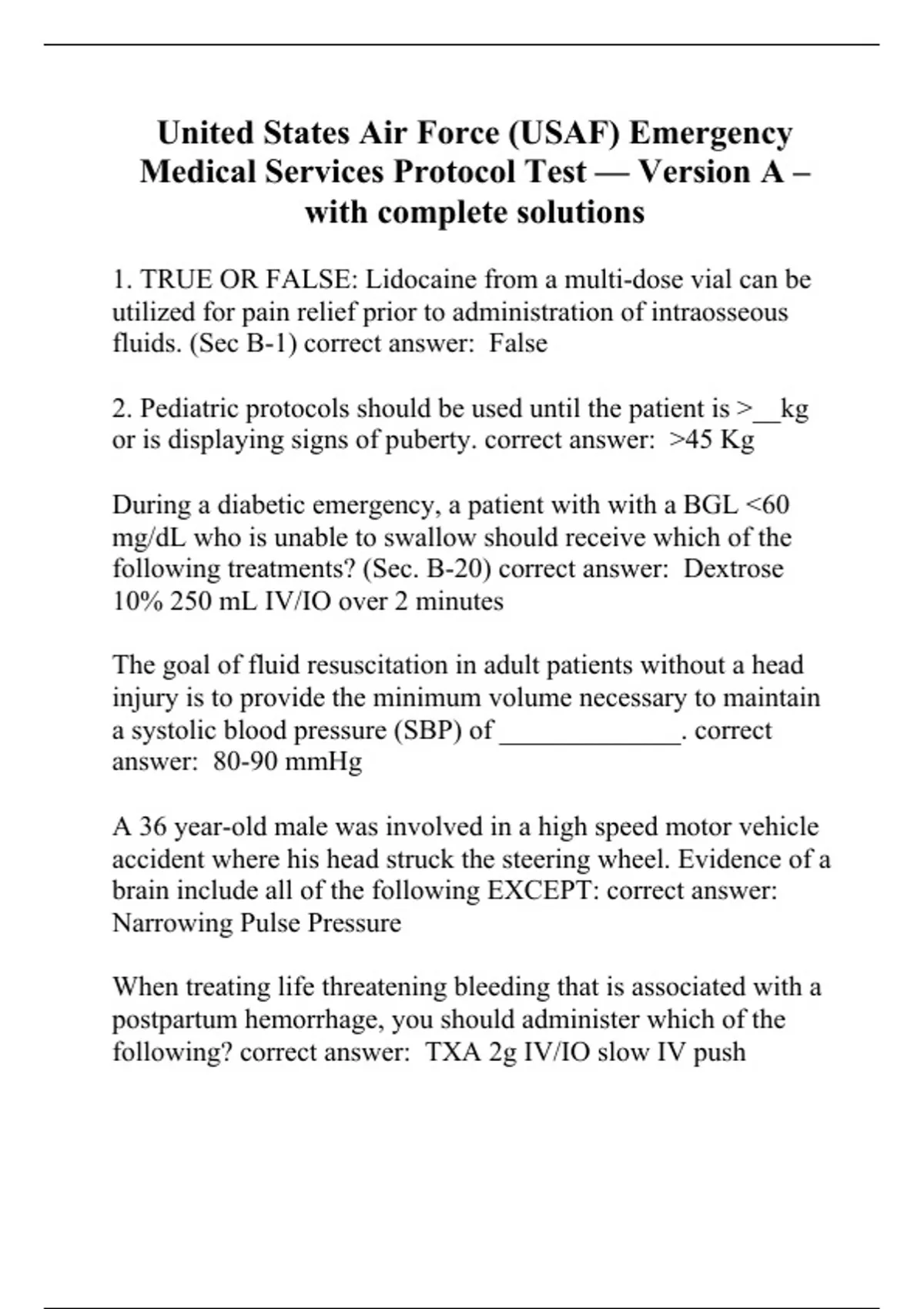 United States Air Force (USAF) Emergency Medical Services Protocol Test ...