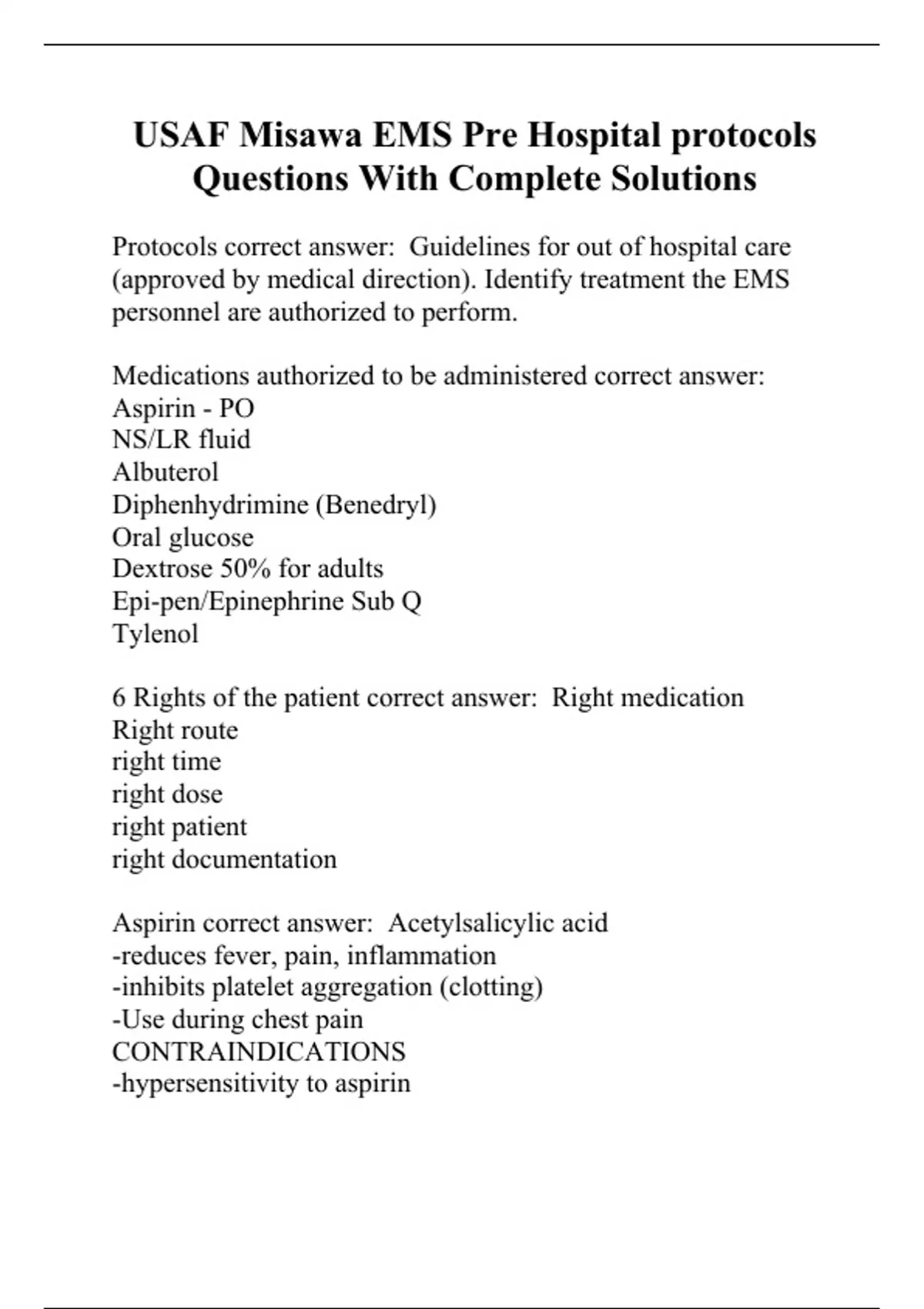 USAF Misawa EMS Pre Hospital protocols Questions With Complete ...