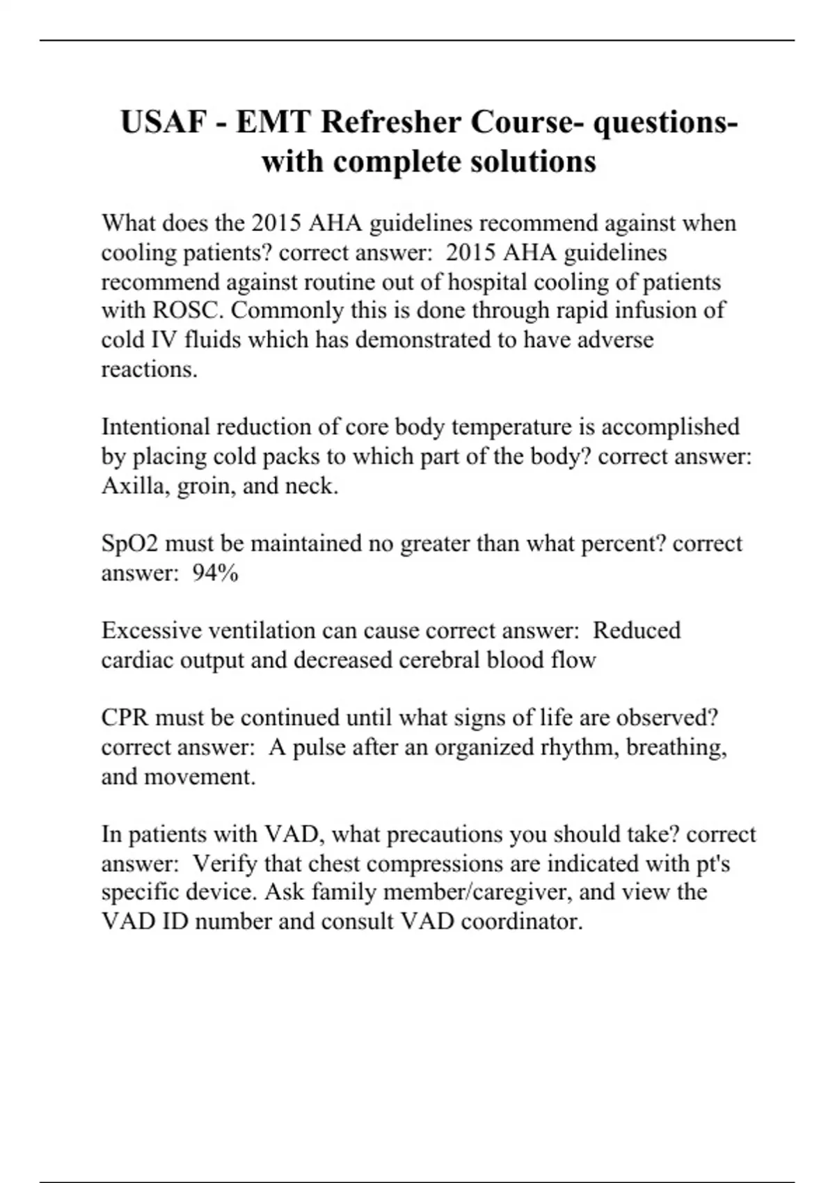 USAF - EMT Refresher Course- questions- with complete solutions - EMT ...