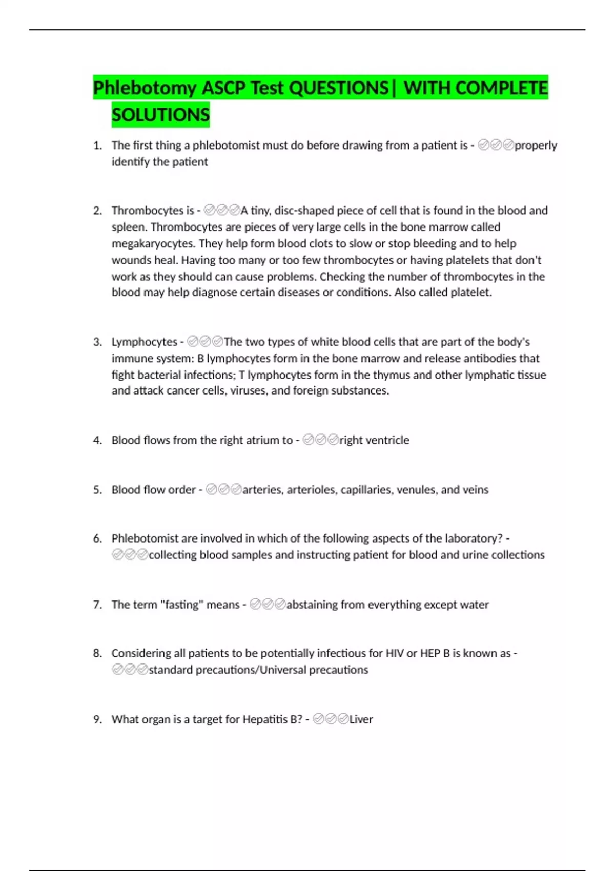 Phlebotomy ASCP Test QUESTIONS| WITH COMPLETE SOLUTIONS - Phlebotomy ...