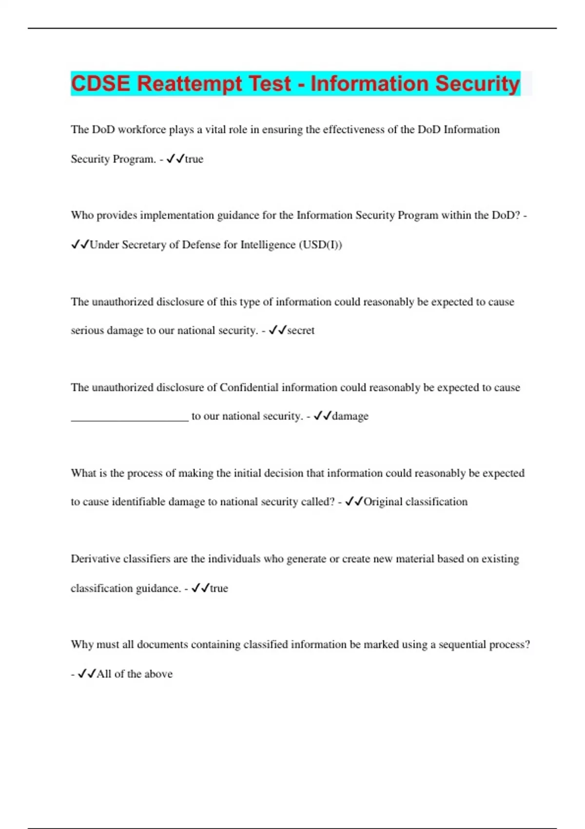 CDSE Reattempt Test - Information Security | Questions with 100% ...