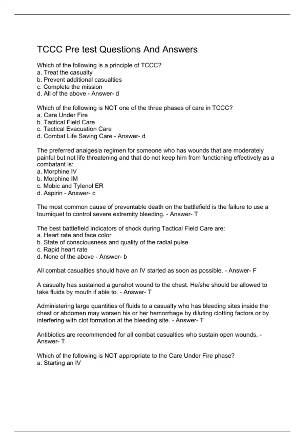 Tccc Pre Test Questions And Answers Tccc Stuvia Us