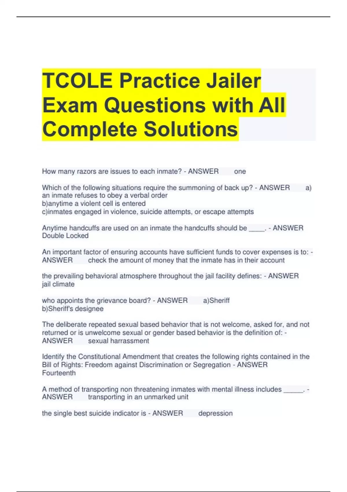 TCOLE Practice Jailer Exam Questions with All Complete Solutions ...