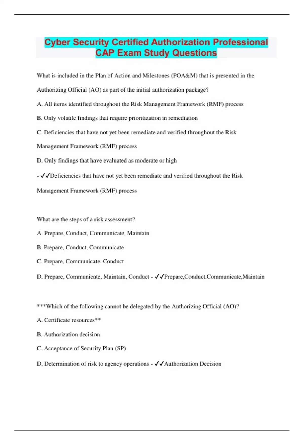 Cyber Security Certified Authorization Professional | 135 Questions with 100% Correct Answers ...