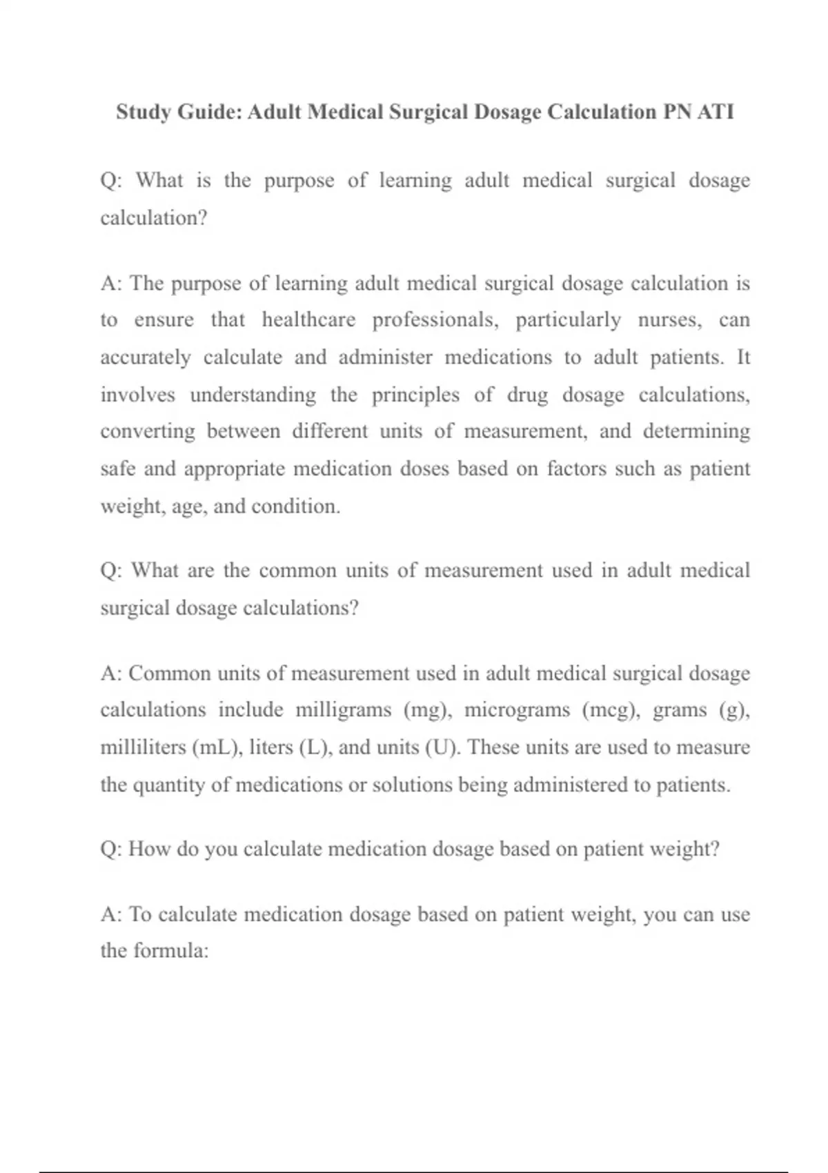 Study Guide: Adult Medical Surgical Dosage Calculation PN ATI - Adult ...