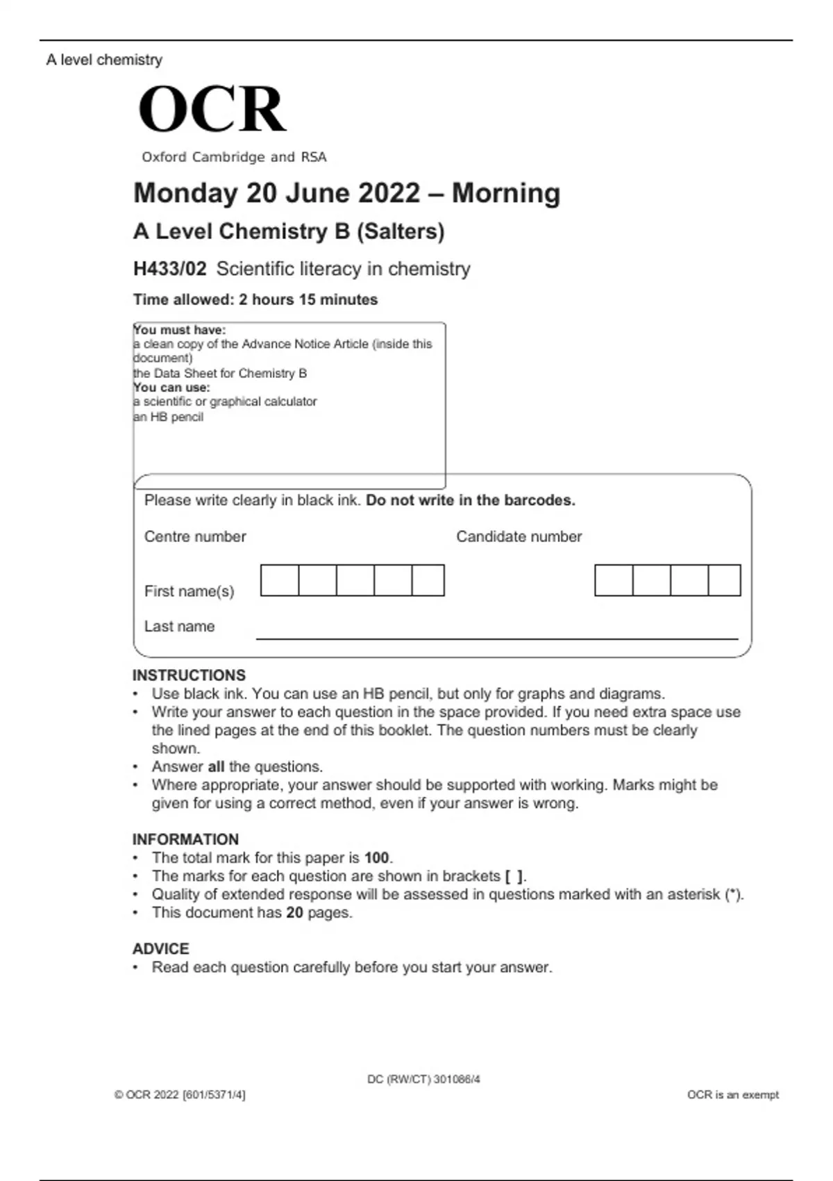 OCR A Level Chemistry B (Salters) H433/02 JUNE 2022 QUESTION PAPER ...