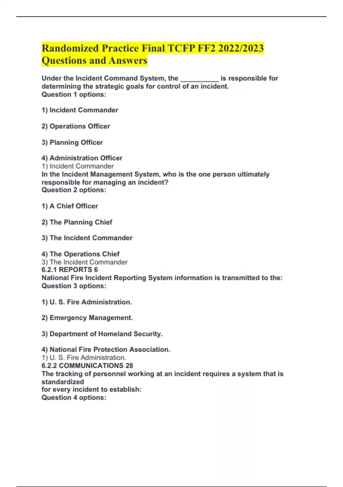 Randomized Practice Final TCFP FF2 2022/2023 Questions and Answers ...
