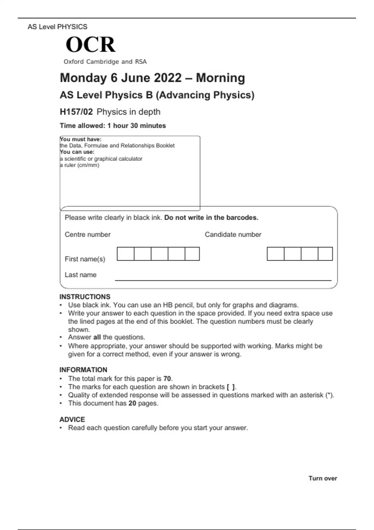 OCR AS Level Physics B (Advancing Physics) H157/02 JUNE 2022 QUESTION PAPER Physics in depth ...
