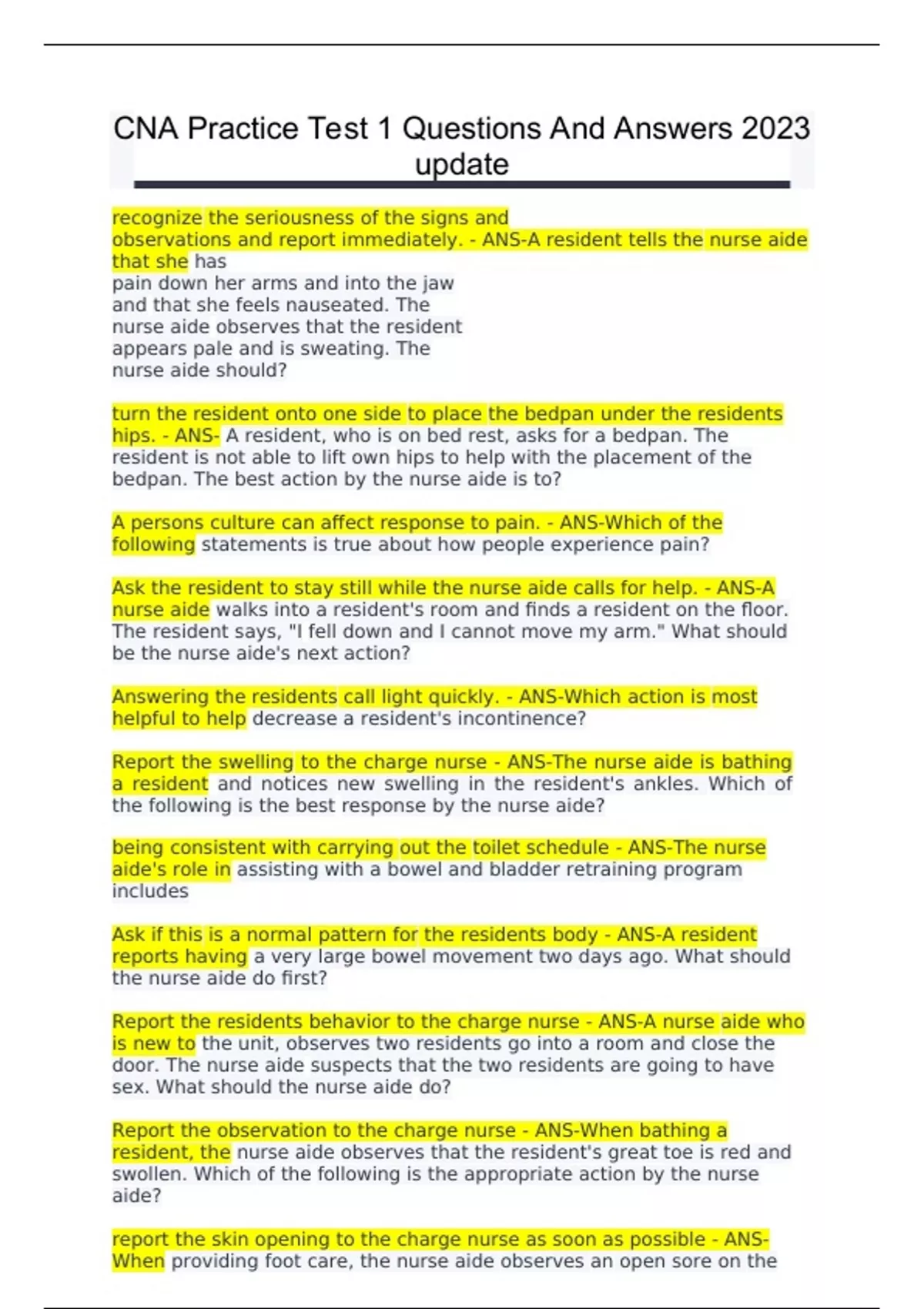 CNA Practice Test 1 Questions And Answers 2023 update - Cna - Stuvia US