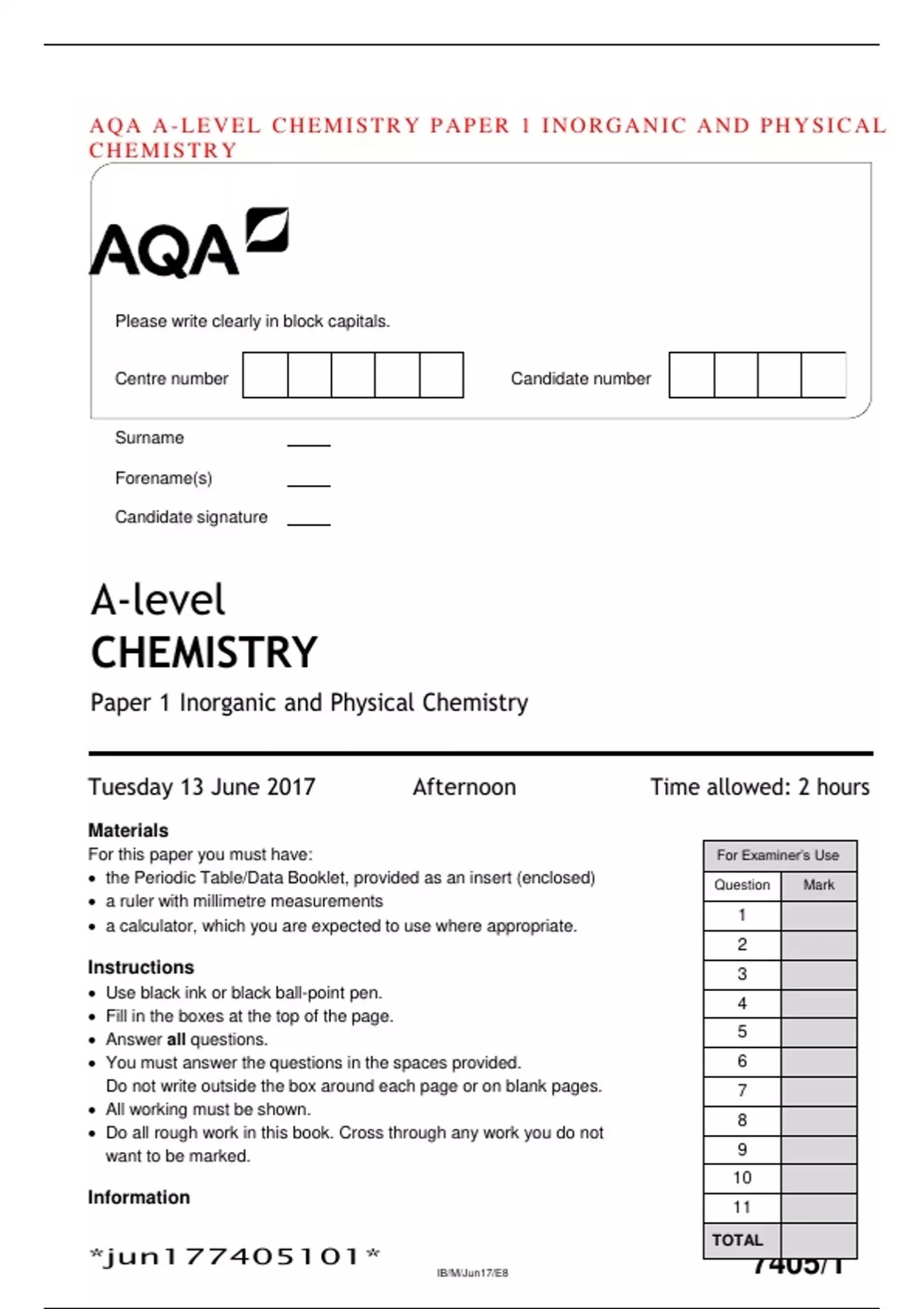 AQA A-LEVEL CHEMISTRY PAPER 1 - INORGANIC AND PHYSICAL CHEMISTRY - AQA ...