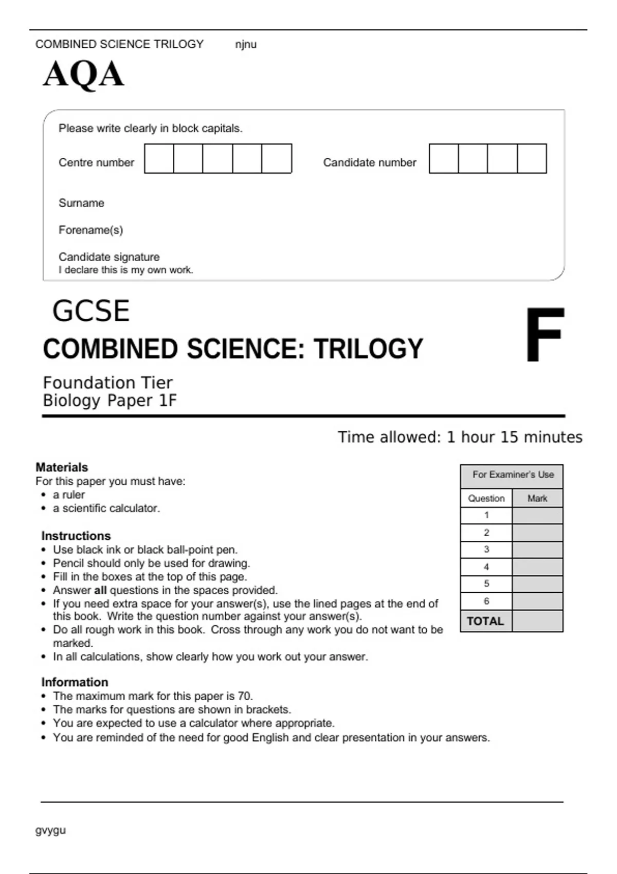 AQA GCSE combined science trilogy biology paper 1f and 2f June 2022 ...