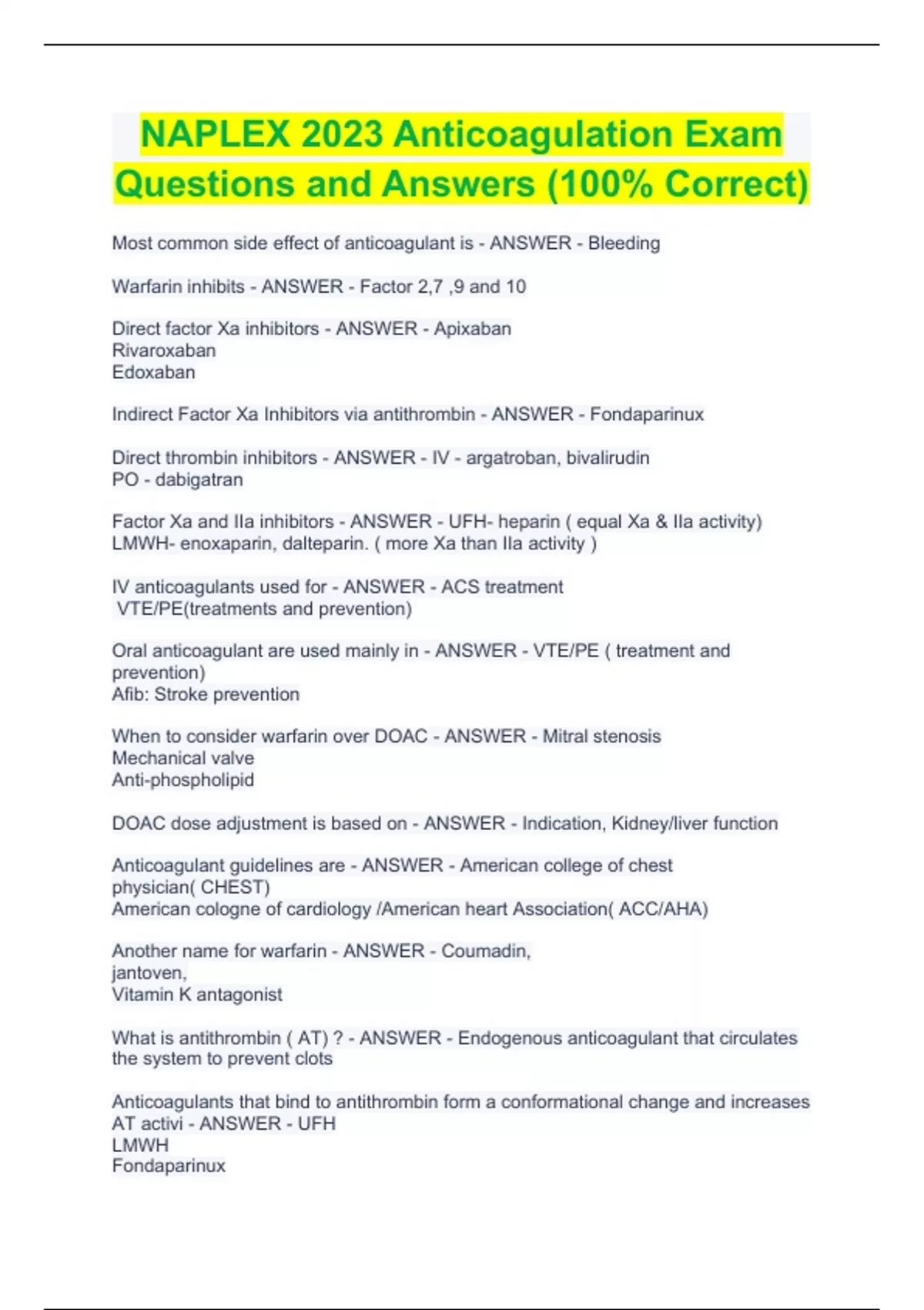 NAPLEX 2023 Anticoagulation Exam Questions and Answers (100% Correct ...