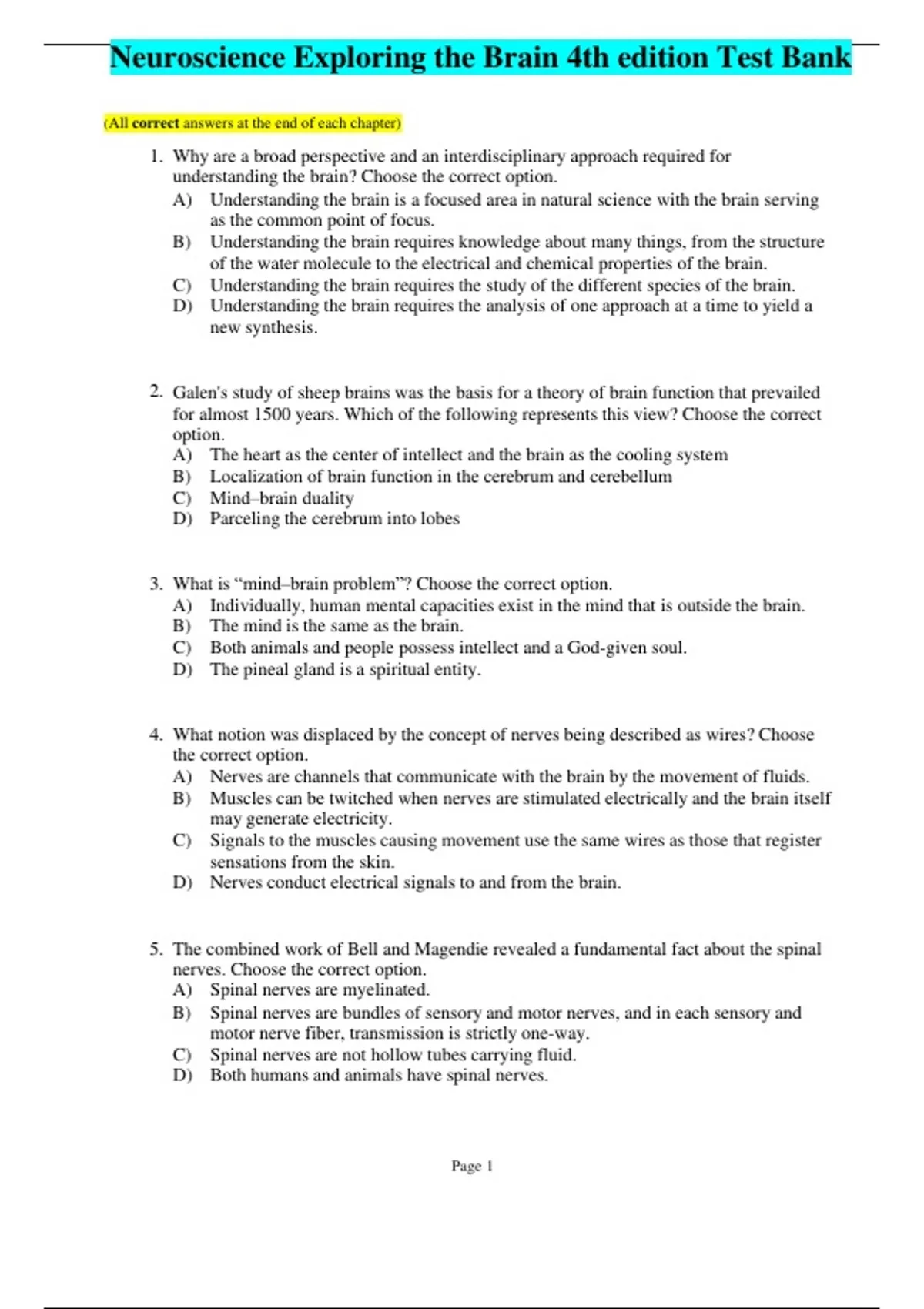 Neuroscience Exploring the Brain 4th edition Test Bank | ENHANCED ...