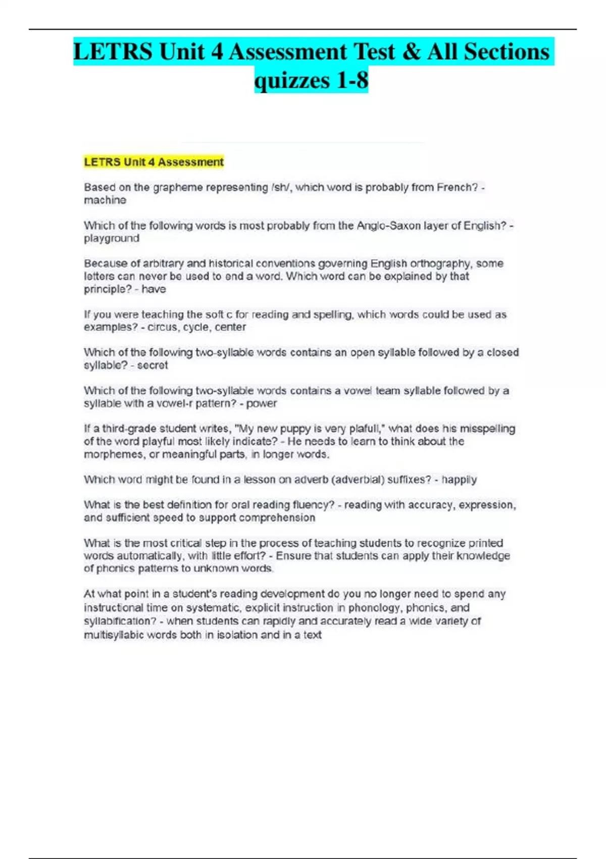 LETRS Unit 4 Assessment Test & All Sections quizzes 1-8 (ANSWERED ...