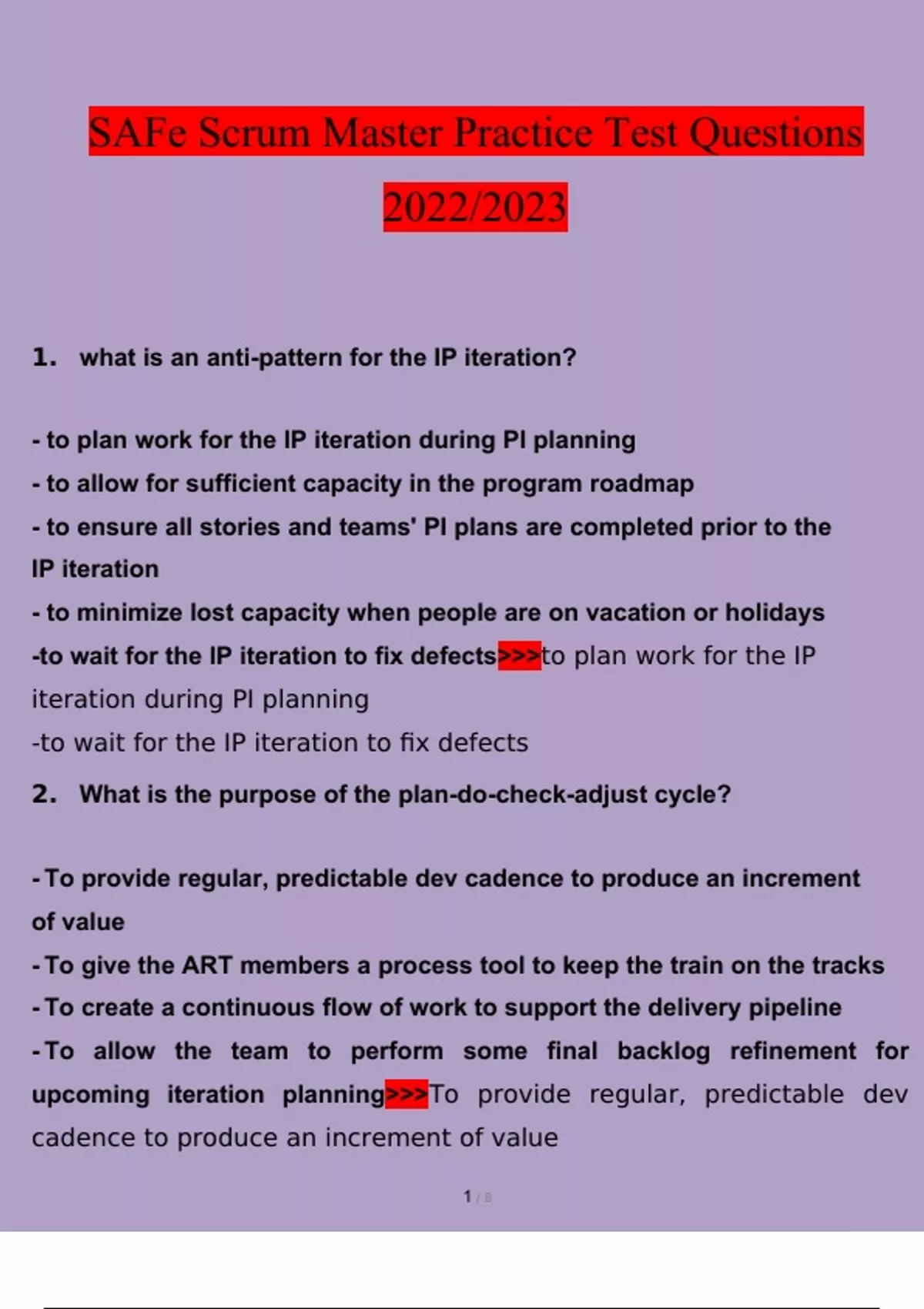 Safe Scrum Master Practice Test Questions And Answers Verified Answers Agile Safe Scrum