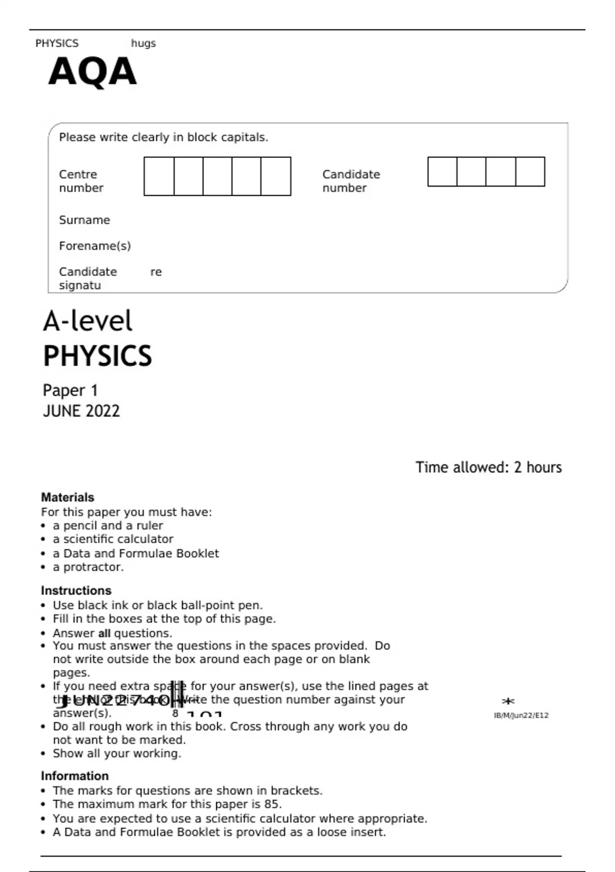 AQA A Level Physics paper 1,2,3 June 2022 question papers and mark ...