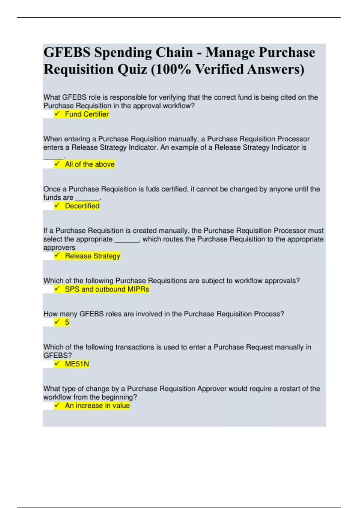 GFEBS Spending Chain - Manage Purchase Requisition Quiz (100% Verified ...
