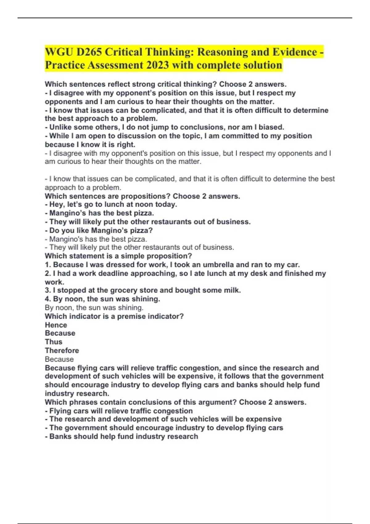 WGU D265 Critical Thinking: Reasoning and Evidence - Practice ...