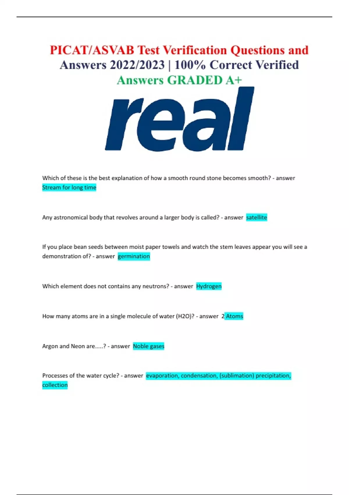 PICAT/ASVAB Test Verification Questions and Answers 2022/2023 | 100% ...