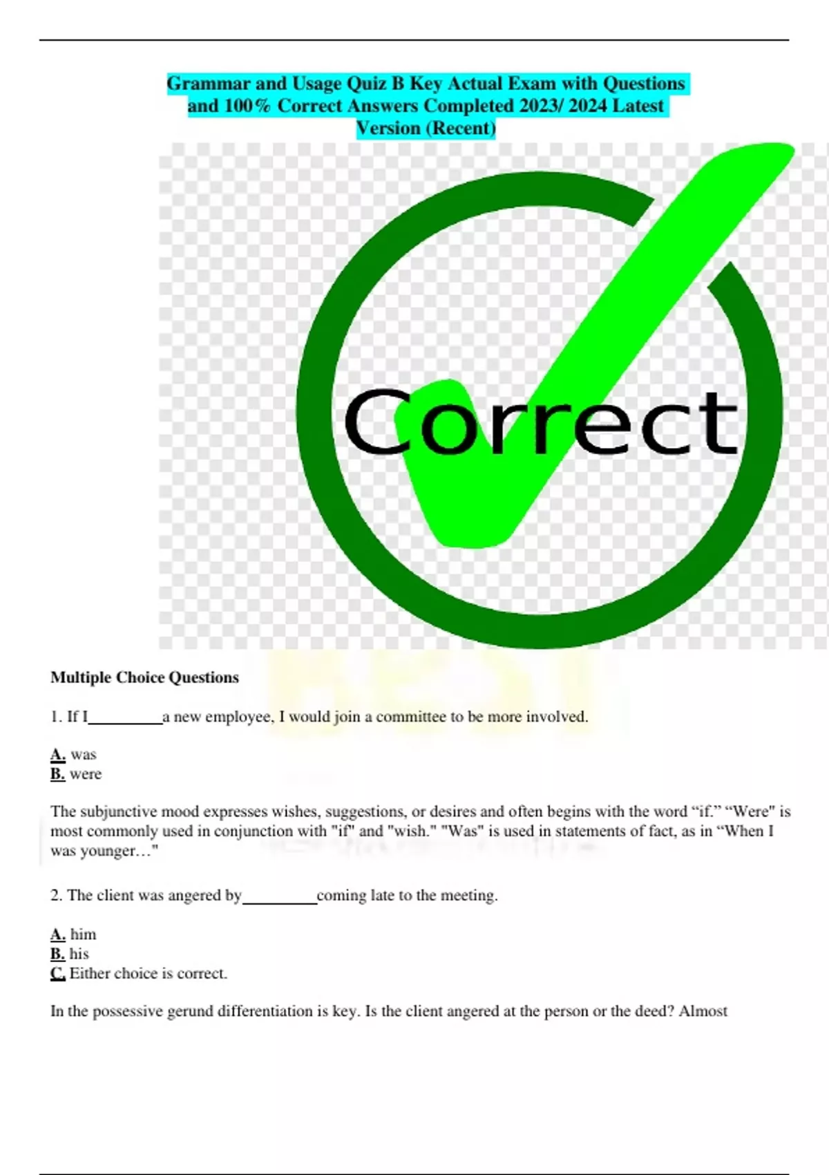 Grammar and Usage Quiz B Key Actual Exam with Questions and 100% ...