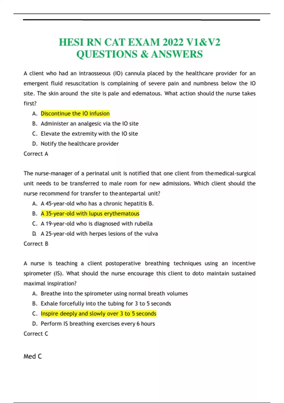 HESI RN CAT EXAM 2022 V1&V2 QUESTIONS & ANSWERS, Graded A+ - HESI RN ...