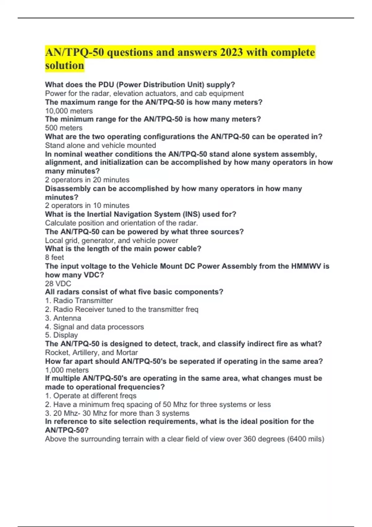 AN/TPQ-50 questions and answers 2023 with complete solution - AN/TPQ ...