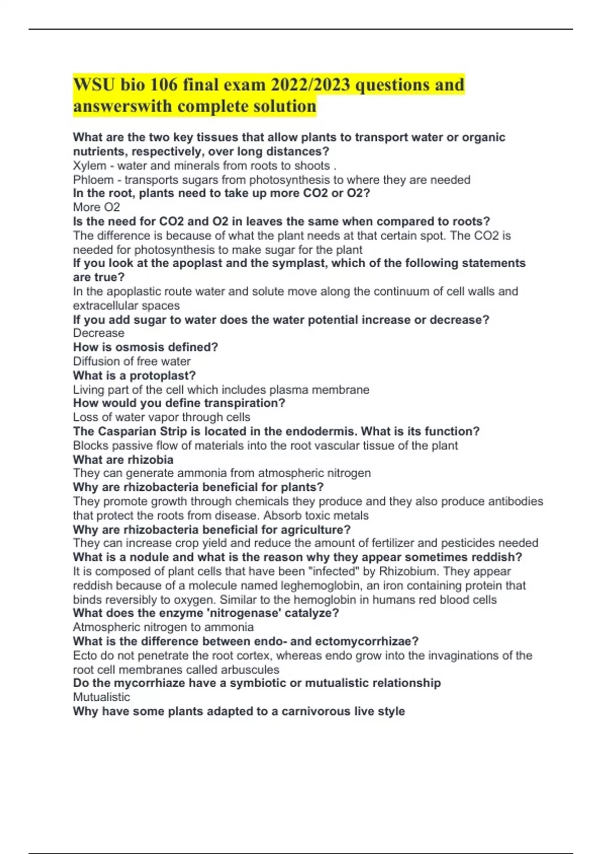 WSU bio 106 final exam 2022/2023 questions and answerswith complete solution - WSU bio 106 ...