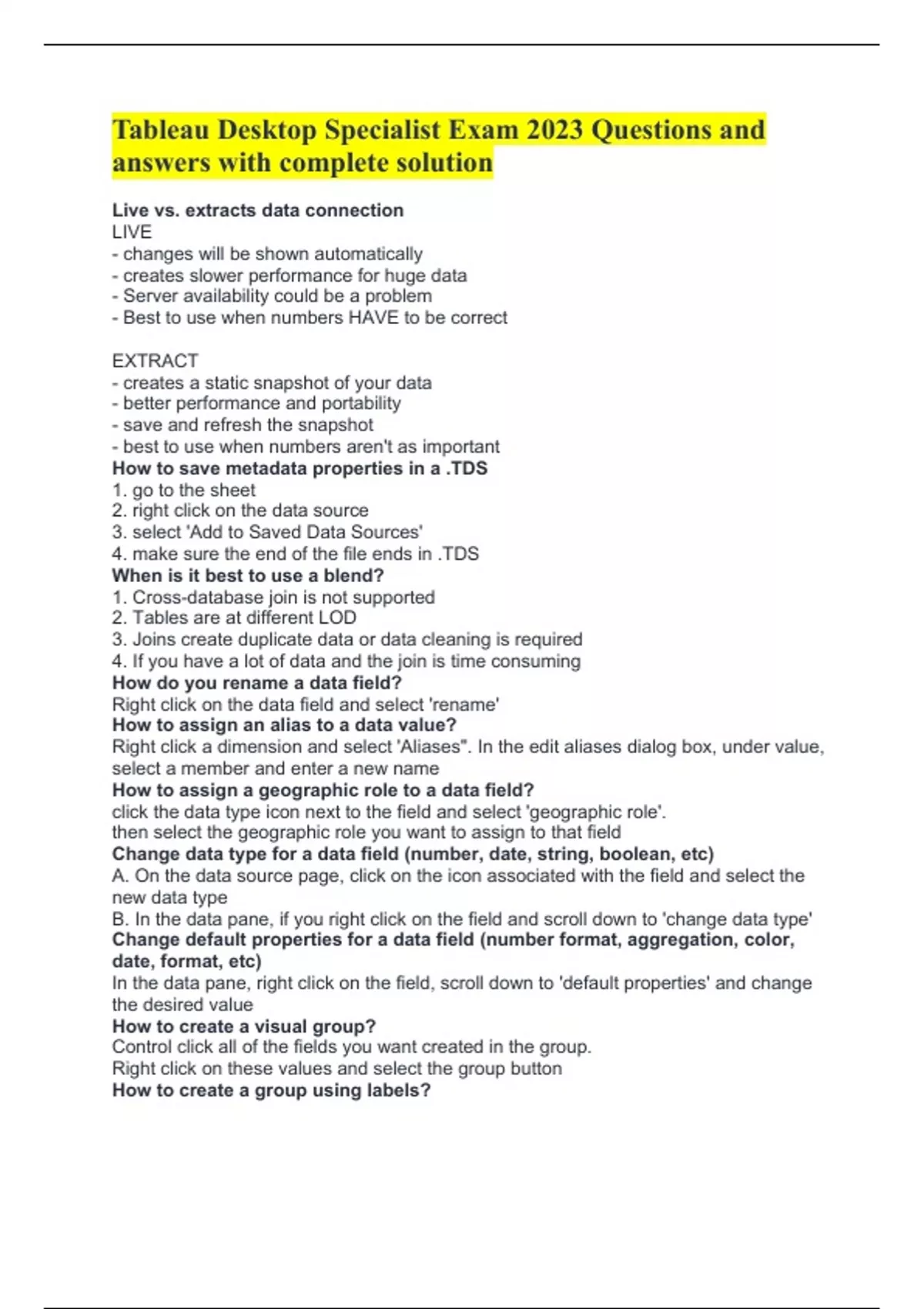 Tableau Desktop Bundle Pack Exam 2022/2023 with complete solution ...