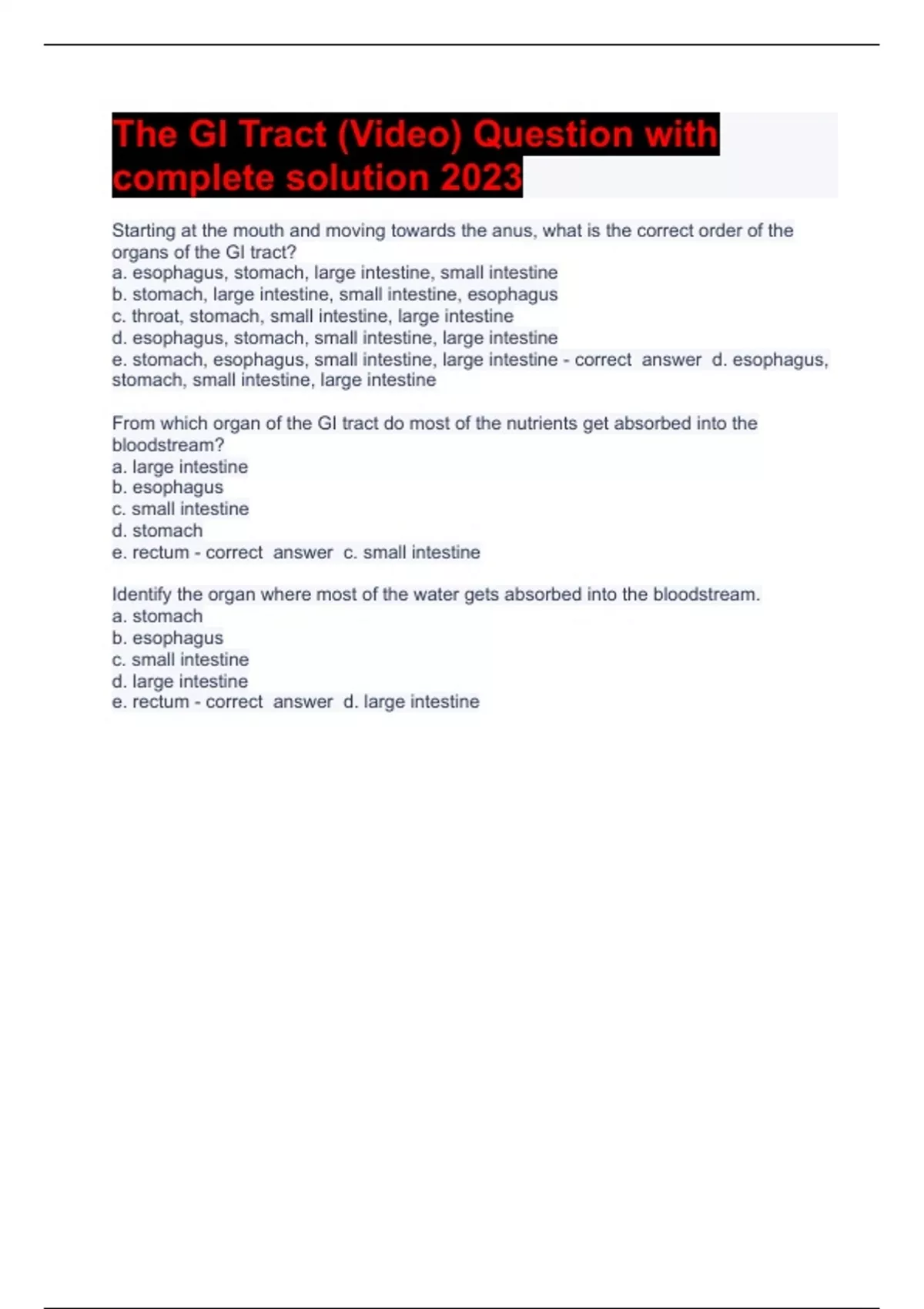 The GI Tract (Video) Question with complete solution 2023 - The GI ...