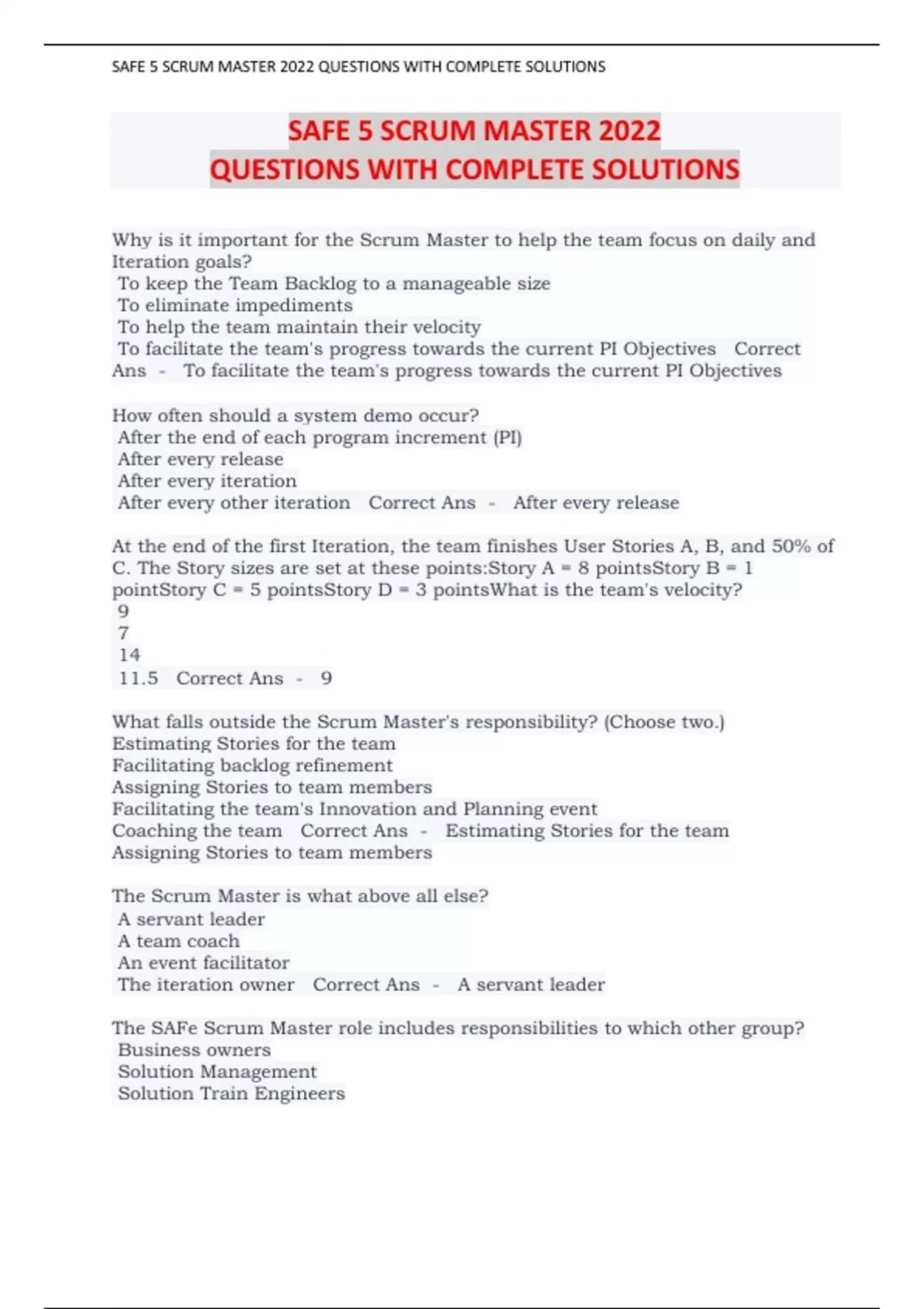 Safe 5 Scrum Master 2023 Questions With Complete Solutions Nursing Stuvia Us