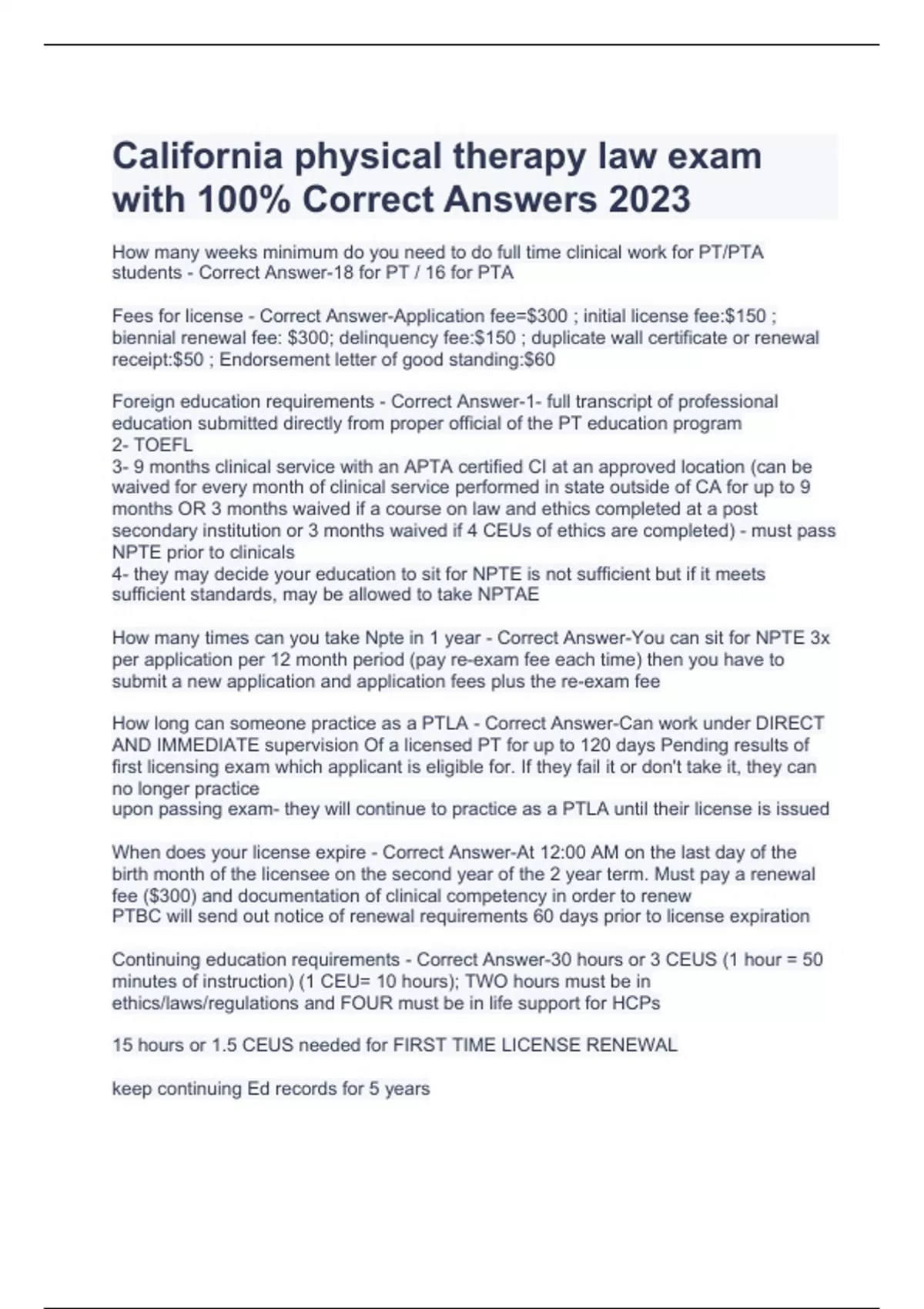 California physical therapy law exam with 100% Correct Answers 2023 ...