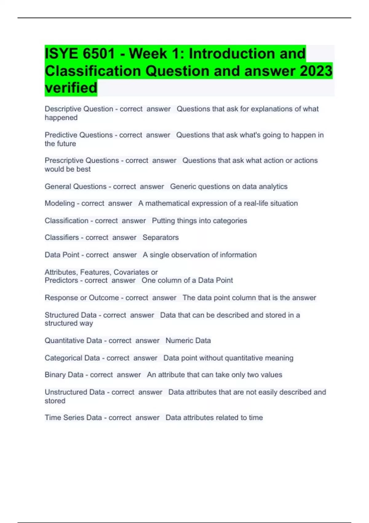 ISYE 6501 - Week 1: Introduction and Classification Question and answer 2023 verified - ISYE ...