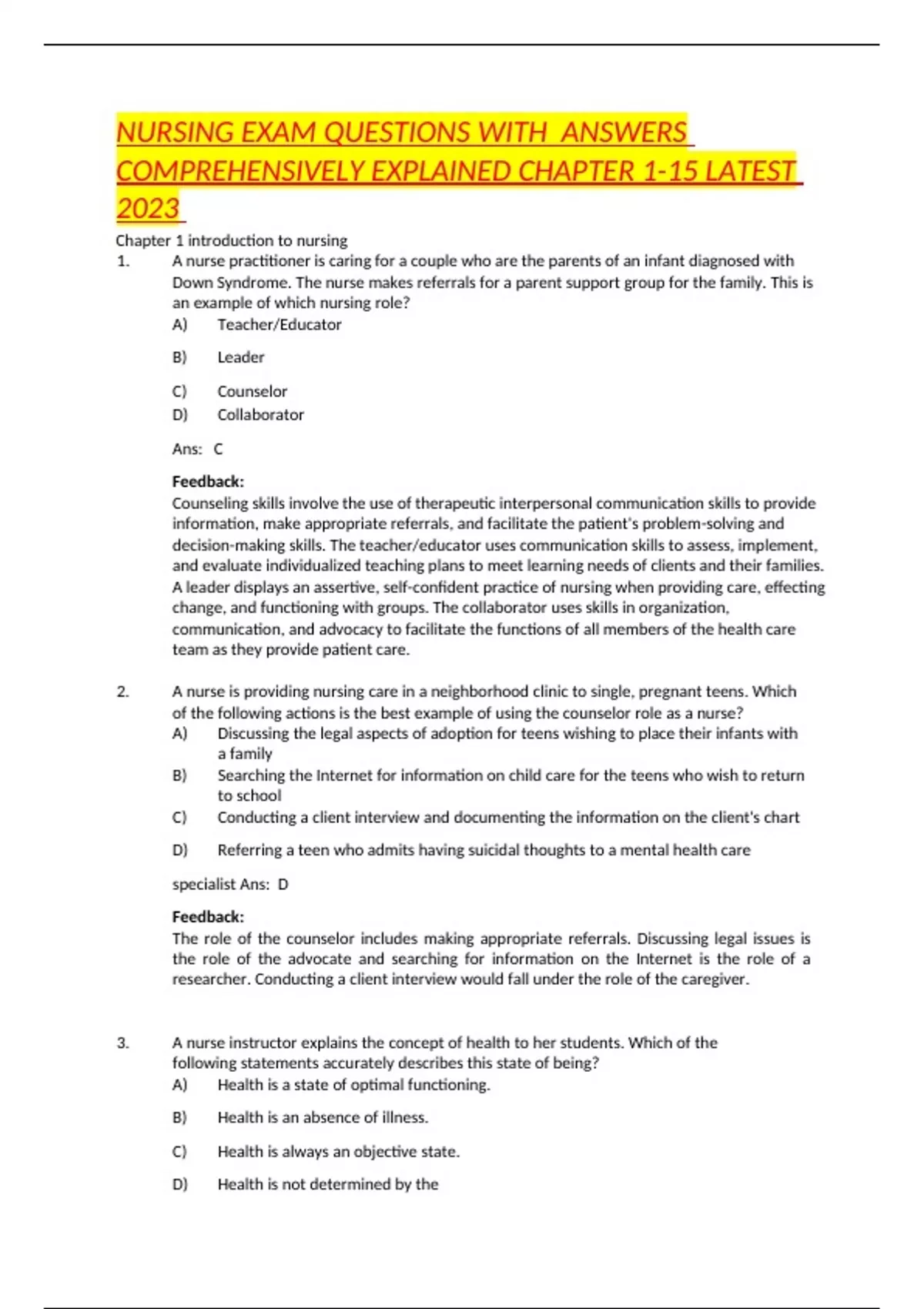 NURSING EXAM QUESTIONS WITH ANSWERS COMPREHENSIVELY EXPLAINED CHAPTER 1 ...