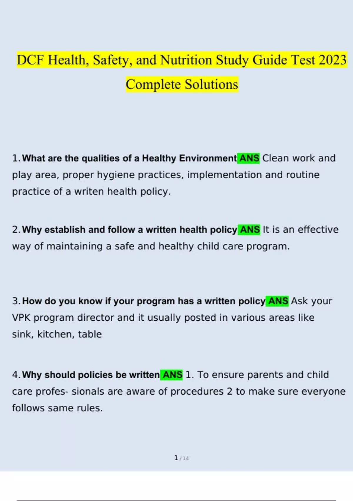 DCF Health, Safety and Nutrition Study Guide Test 2025/2026 Complete ...