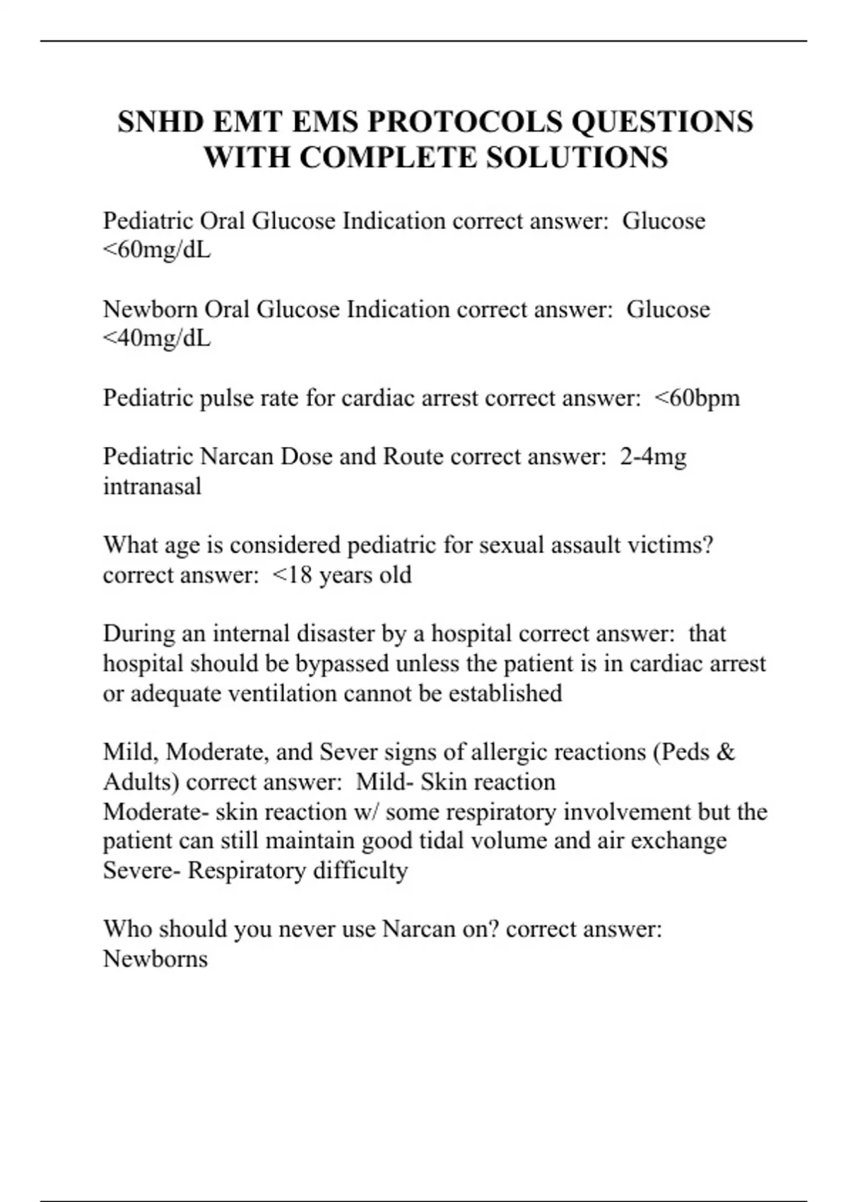 SNHD EMT EMS PROTOCOLS QUESTIONS WITH COMPLETE SOLUTIONS - EMS ...