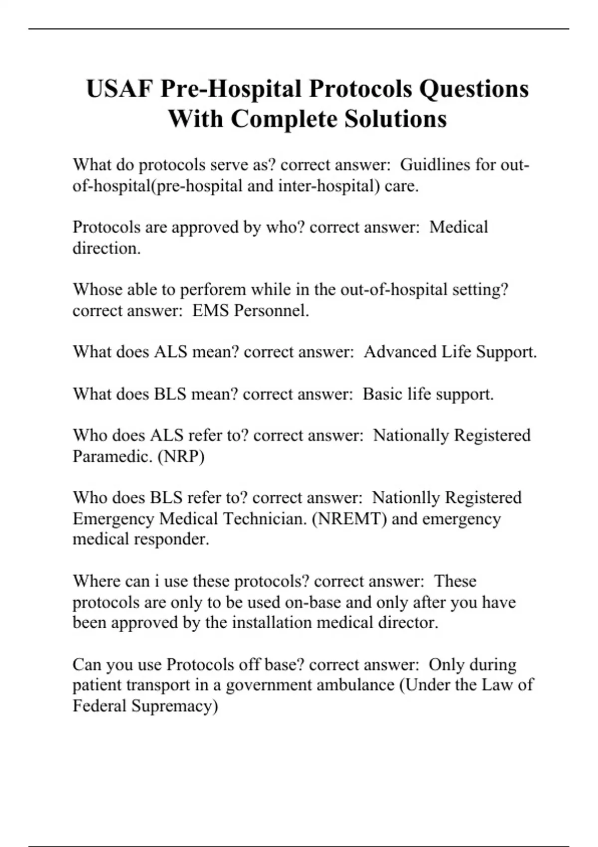 USAF Pre-Hospital Protocols Questions With Complete Solutions - USAF ...