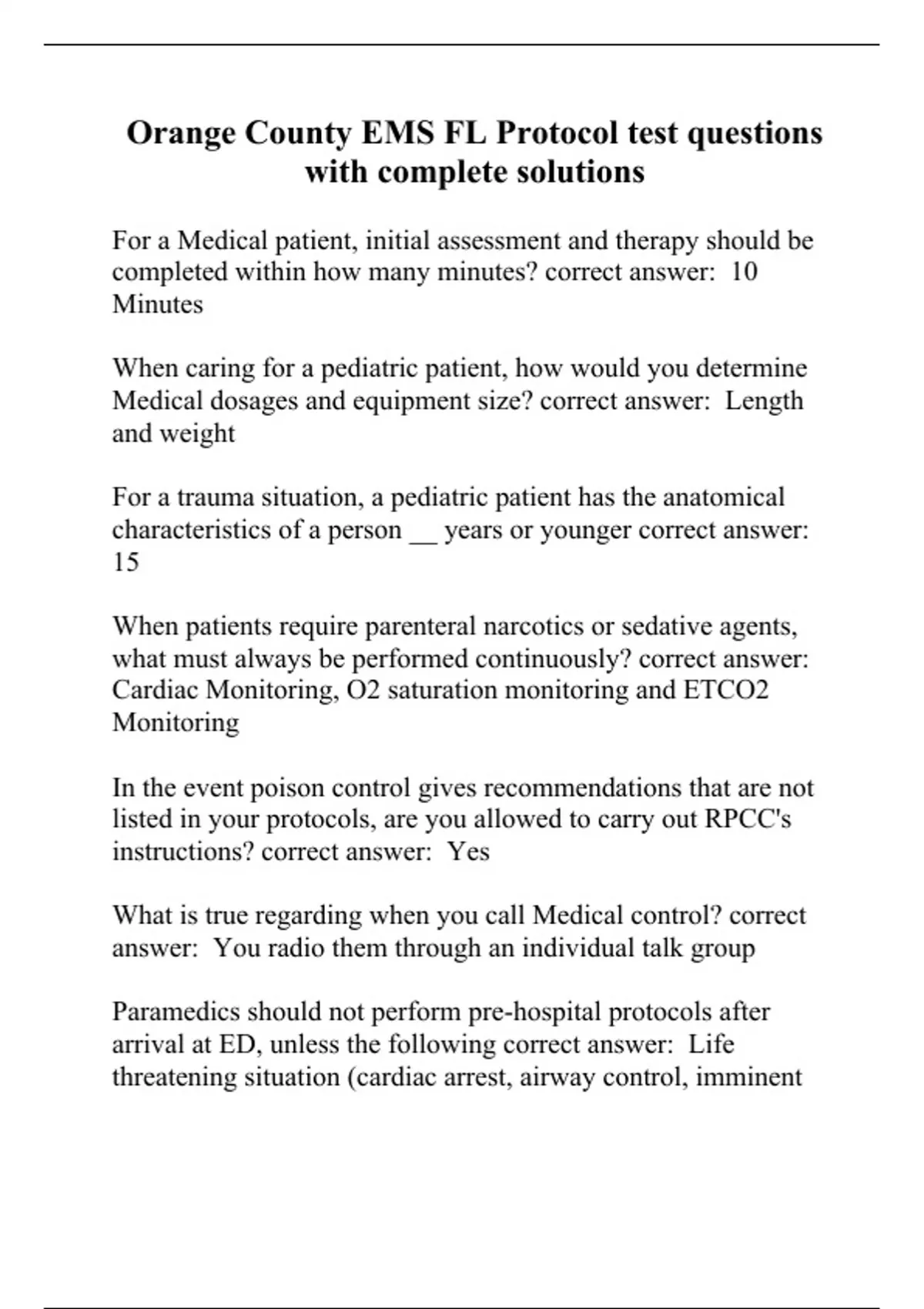 Orange County EMS FL Protocol test questions with complete solutions ...